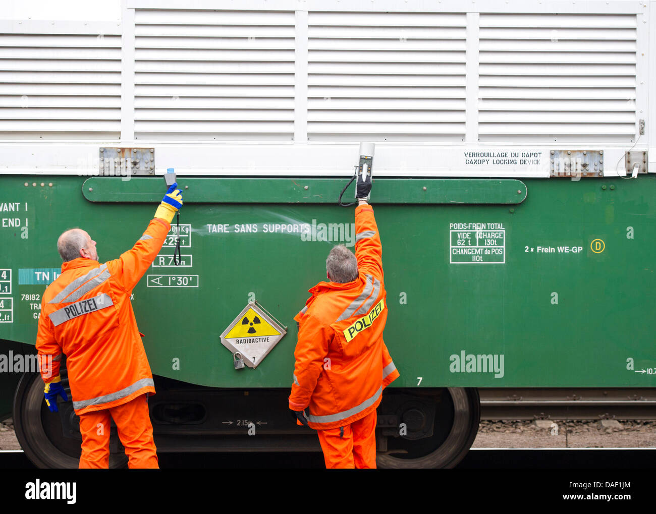 A police radiation measuring squad checks the radiation from a CASTOR ...