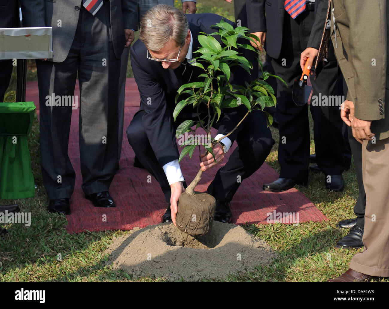 German President Christian Wulff (C) plants a mango tree at the ...