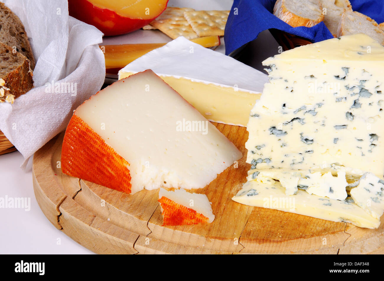 Cheese selection of Dutch Edam, French Brie, Spanish Manchego and ...