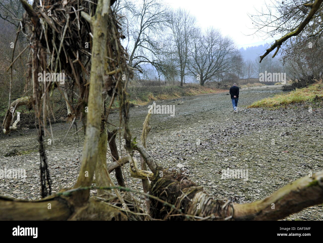 A man walks down the dried out river bed of the Danube river near ...