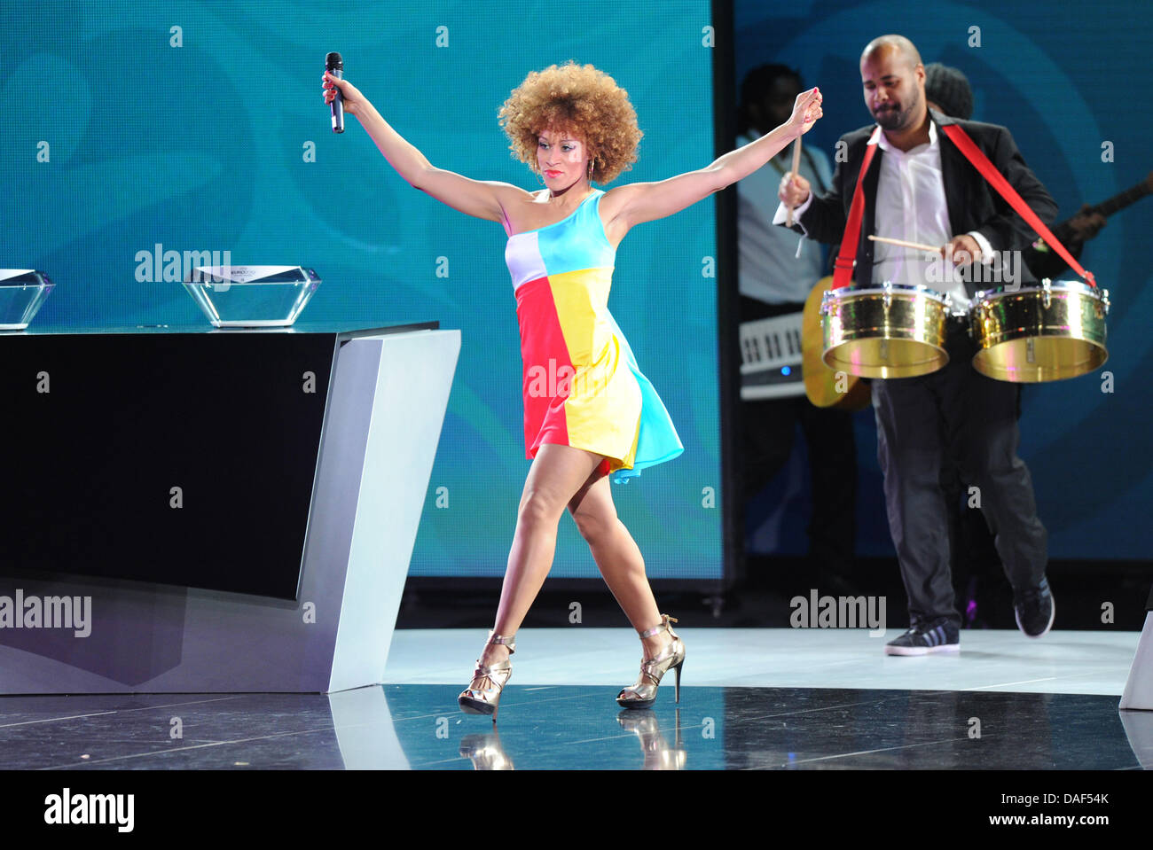 German singer Oceana performs during the final draw for the UEFA EURO ...