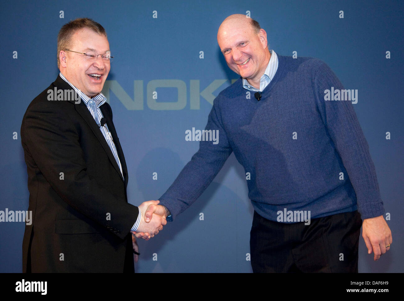 A Nokia handout of Nokia CEO Stephen Elop (L) and Microsoft CEO Steve ...