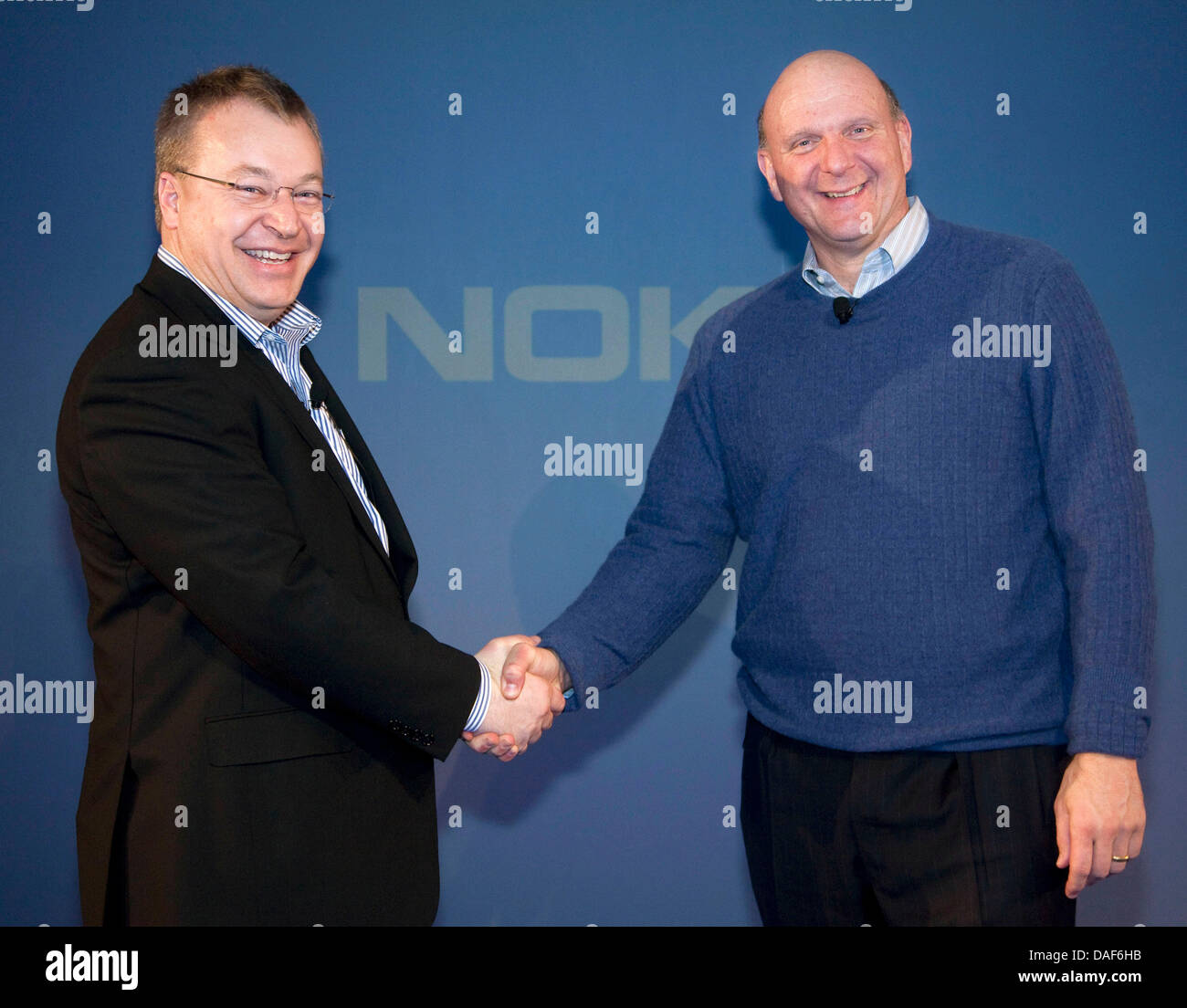 A Nokia handout of Nokia CEO Stephen Elop (L) and Microsoft CEO Steve ...