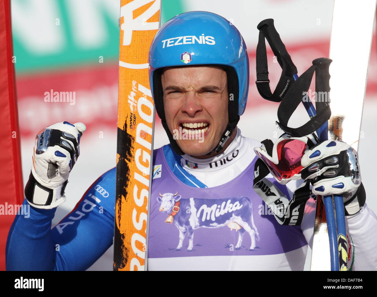 Christof Innerhofer of Italy reacts in the finish area during the Men's ...