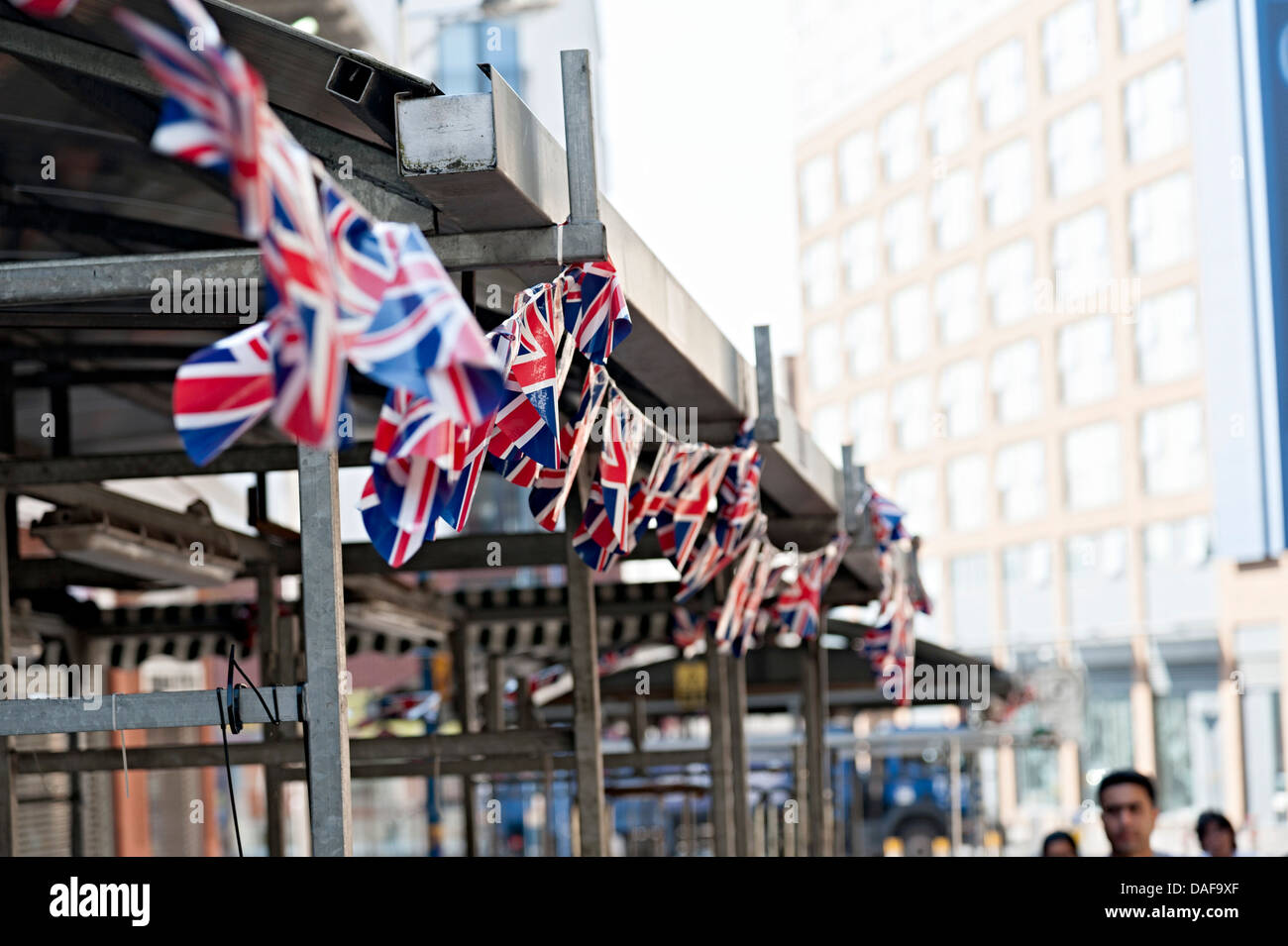 Union jack flags hanging off empty market stalls birmingham england ...