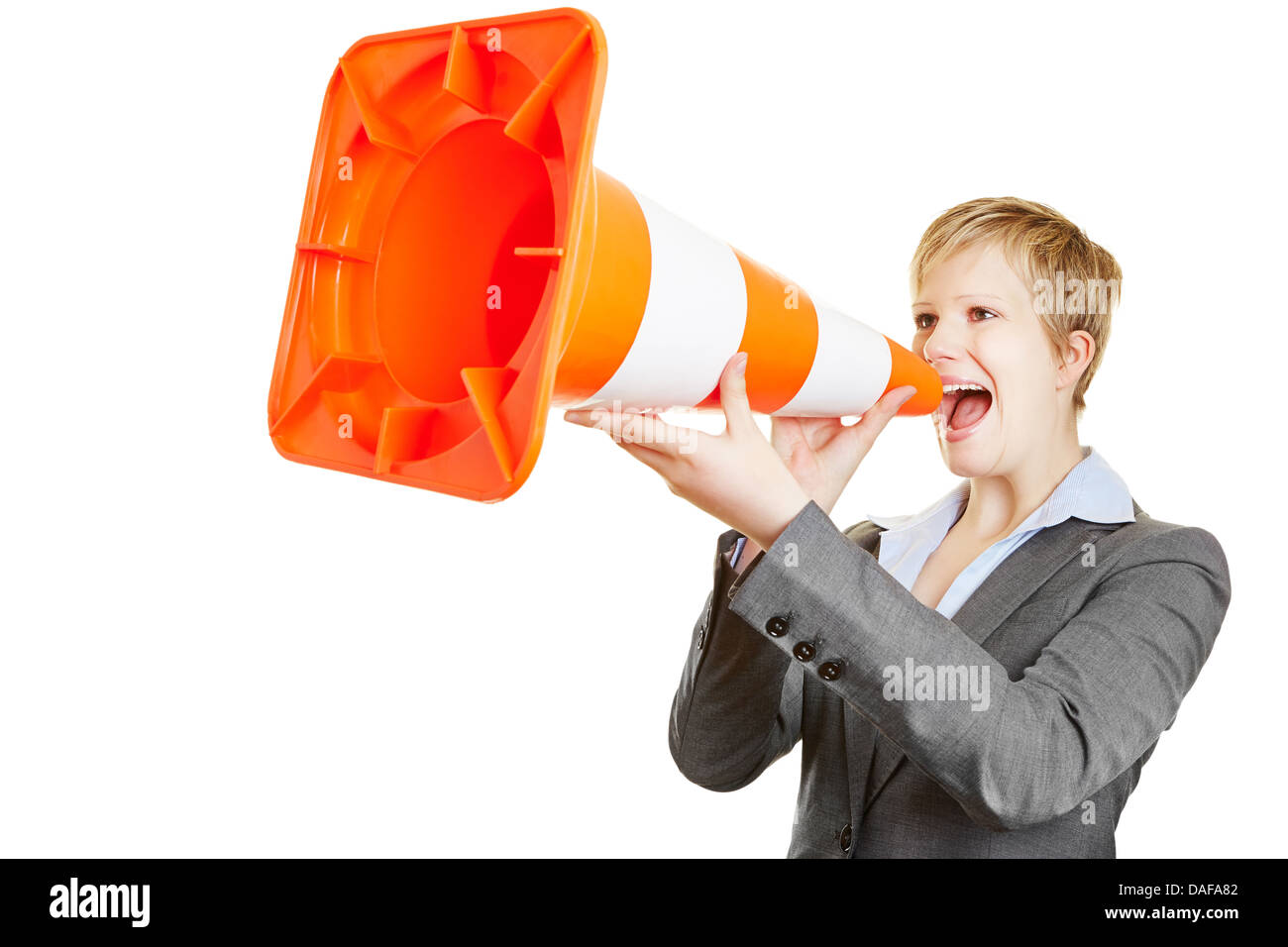 Angry young business woman shouting in a big traffic cone Stock Photo ...