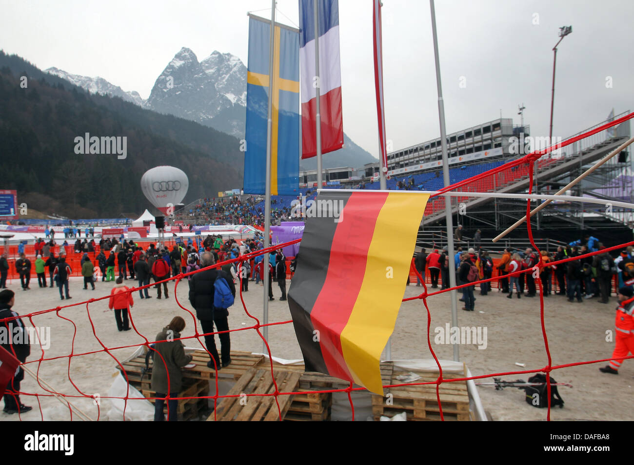 A German flag at the Kandahar Arena during the Alpine Skiing World Cup ...