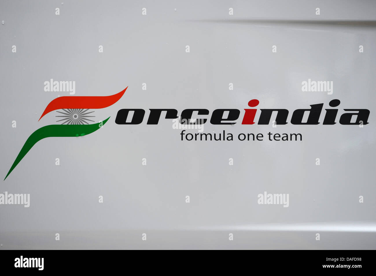 The logo of Force India during test drives on Circuit de Catalunya race ...