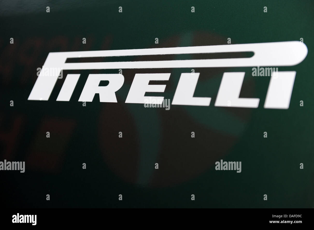 The logo of Pirelli during test drives on Circuit de Catalunya race ...