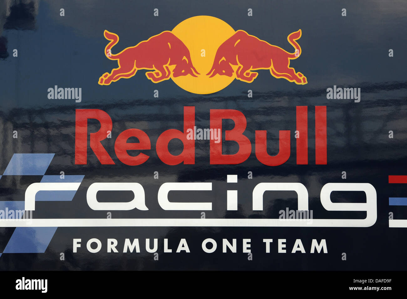 The logo of Red Bull Racing during test drives on Circuit de Catalunya ...