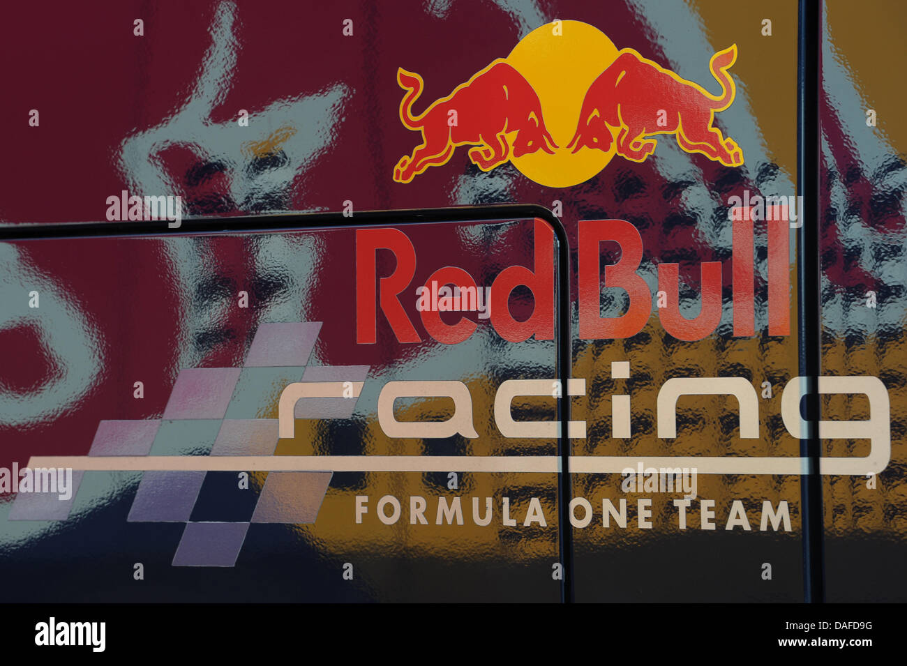 The logo of Red Bull Racing during test drives on Circuit de Catalunya ...