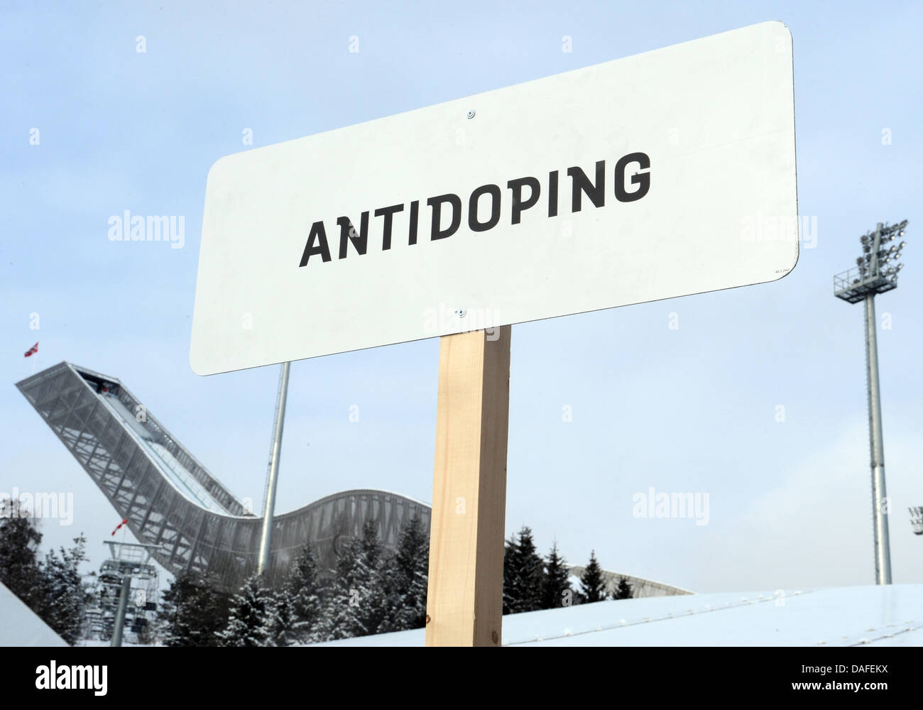 An anti-doping sign is seen at the Nordic Skiing World Championships in ...