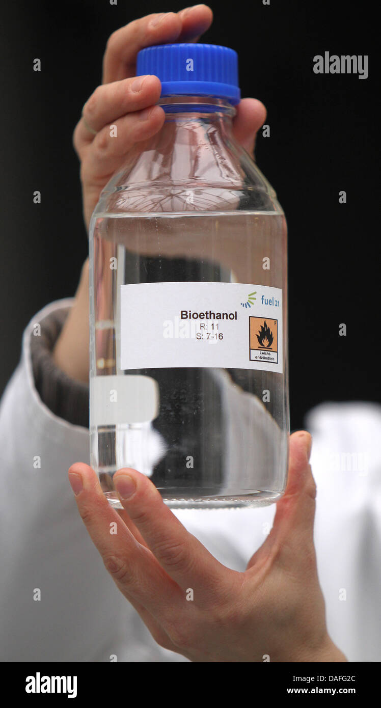 A bottle of organically produced ethanol from the plant 'Fuel 21' is ...