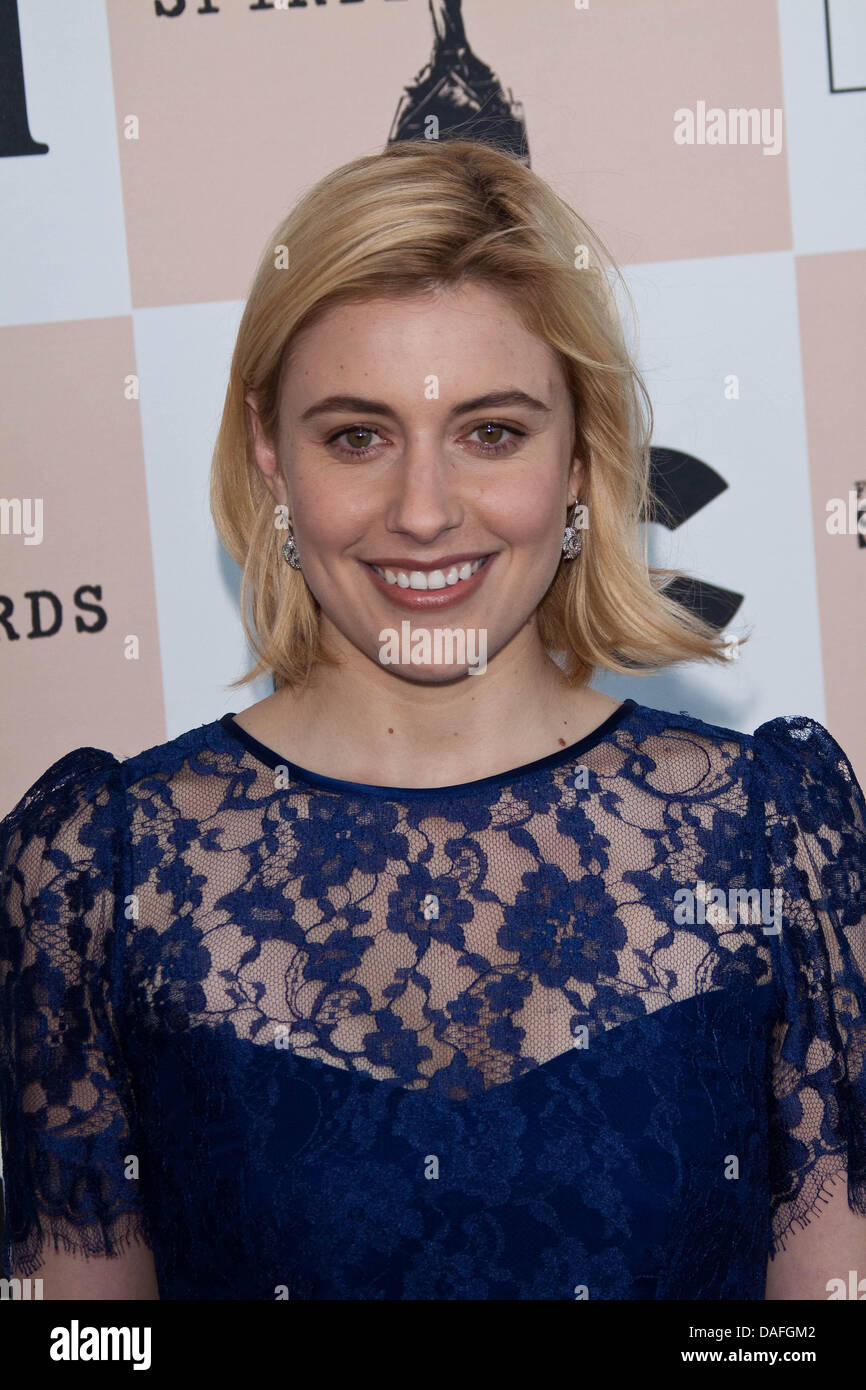 Actress Greta Gerwig arrives at the 26th Annual Spirit Awards in a tent ...