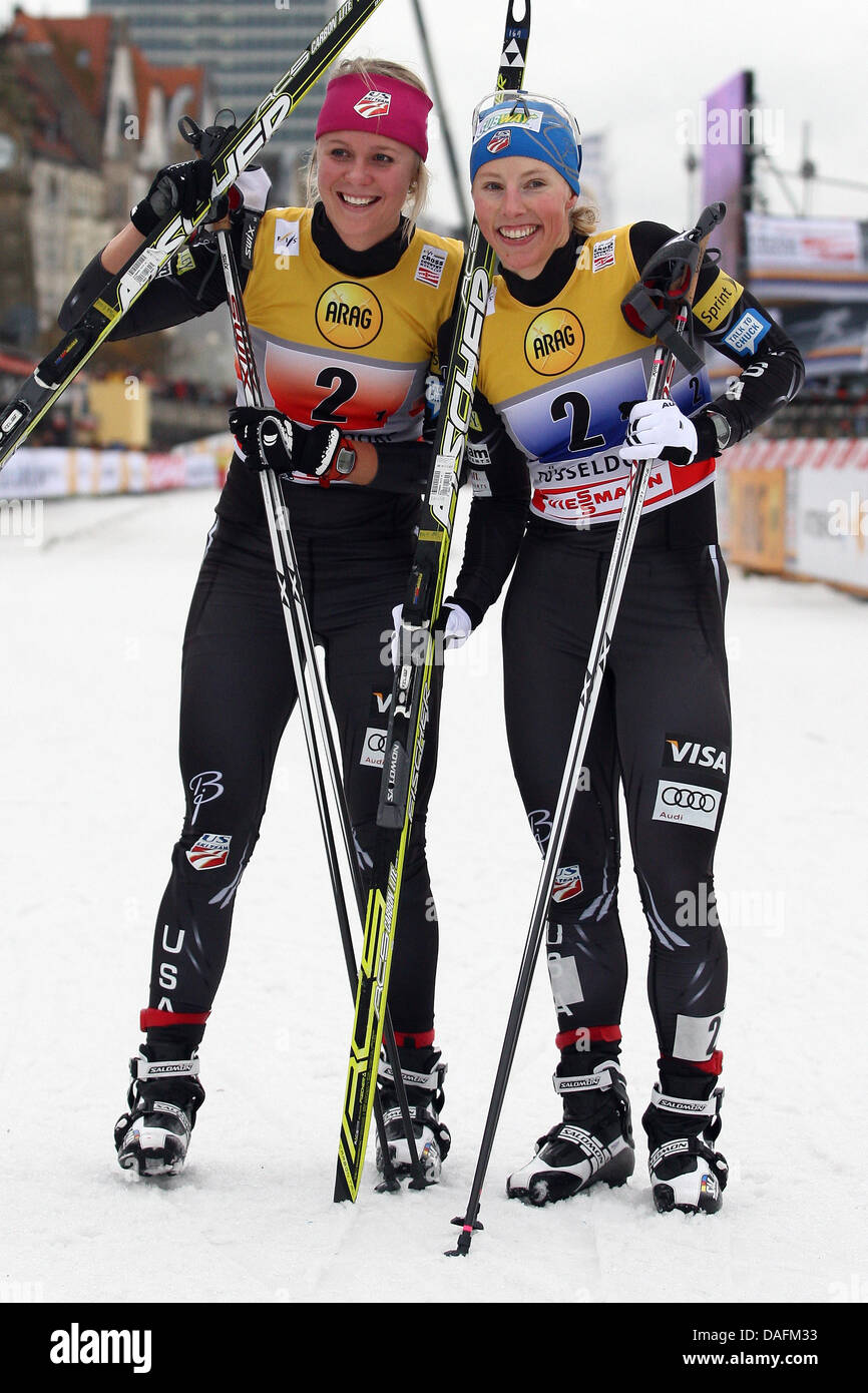 Second-placed Americans Kikkan Randall (R) and Sadie Bjornsen celebrate ...