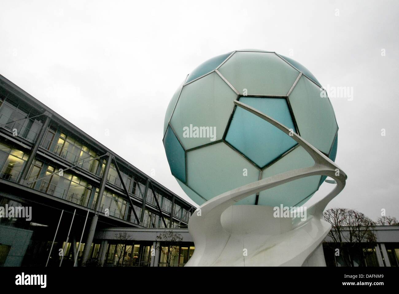 A gigantic model of a soccer ball is seen in front of the headquarters ...
