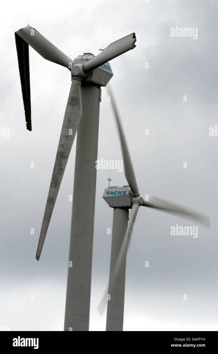 A wind turbine with two broken blades stands in Buker wind power park ...
