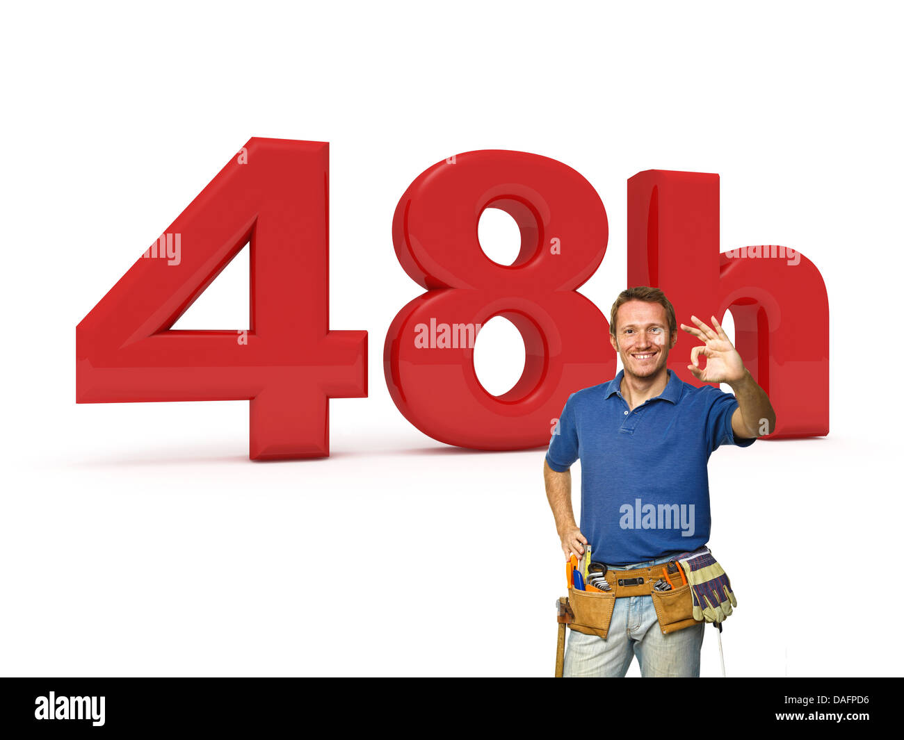 3d image of 48h and smiling handyman Stock Photo - Alamy