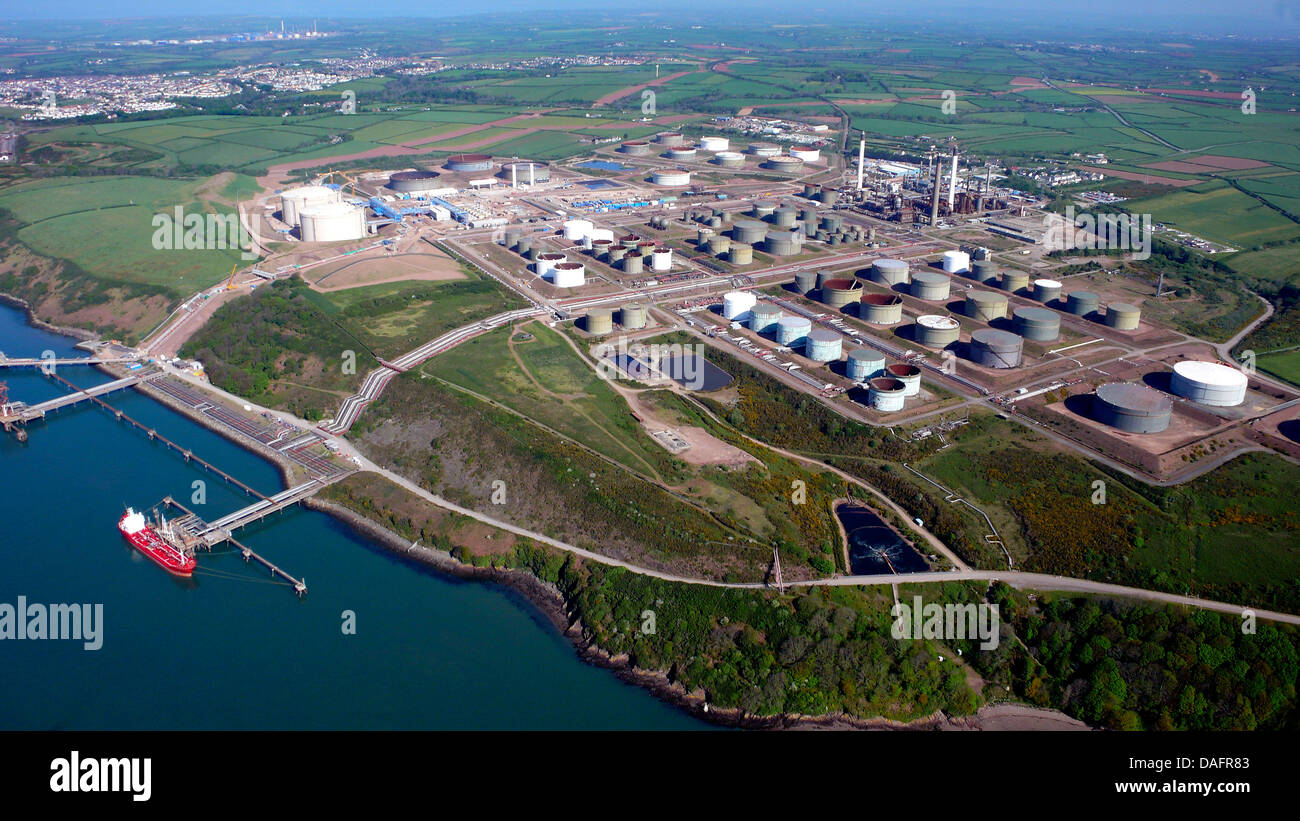 aerial view of an oil refinery and gas terminal, United Kingdom, Wales ...