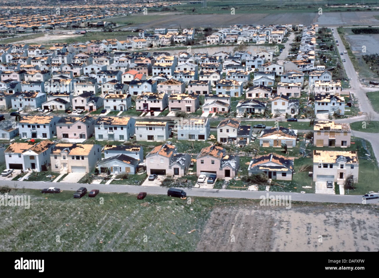 Aerial view of hundreds of homes destroyed by Hurricane Andrew August ...