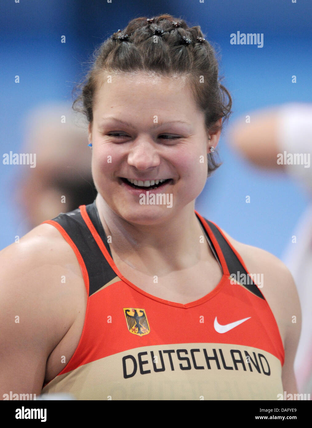Germany's Christina Schwanitz competes in the shotput competition at ...