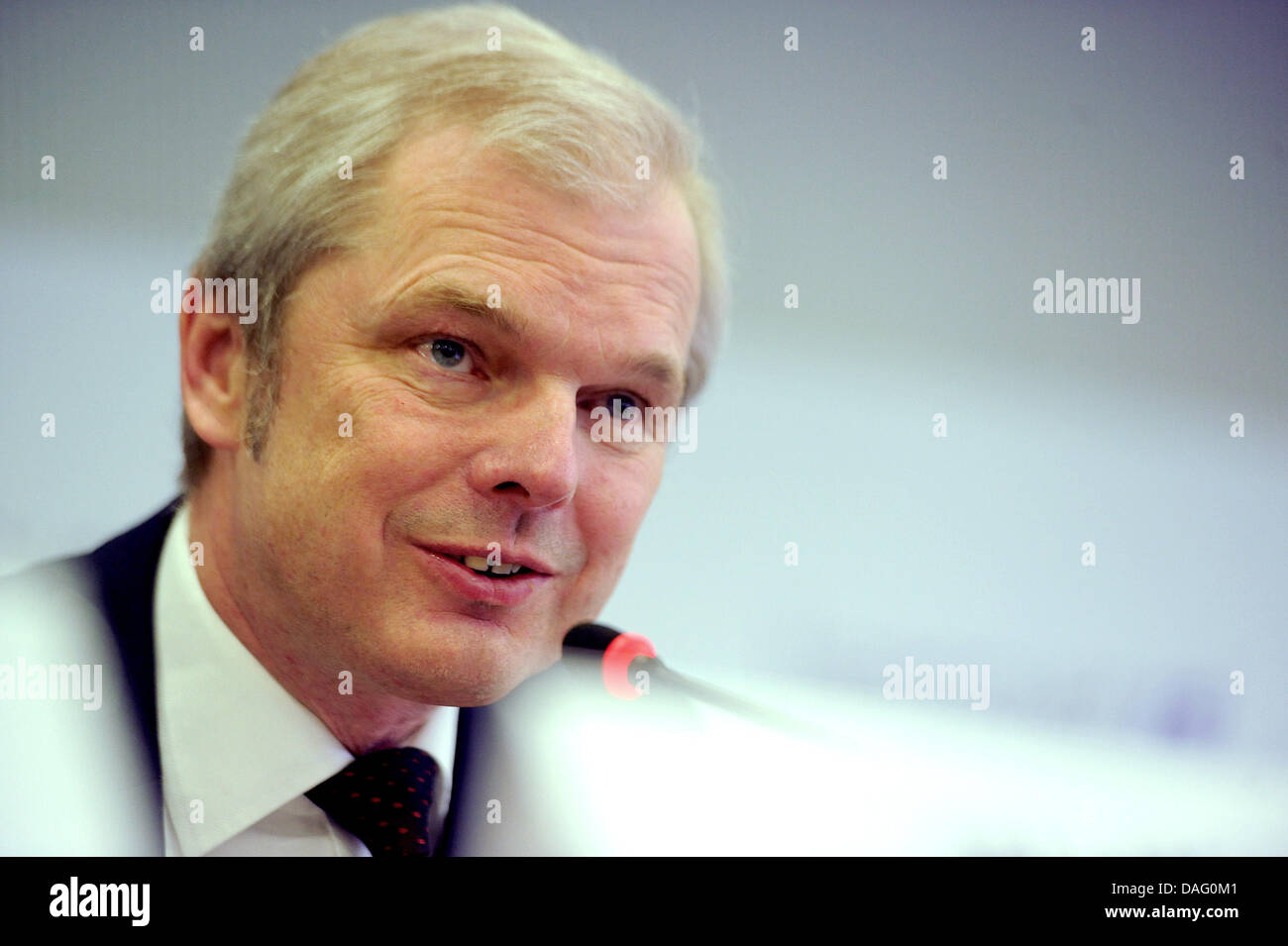 CEO of Hanover Rueck, Ulrich Wallin, speaks during a press briefing on ...