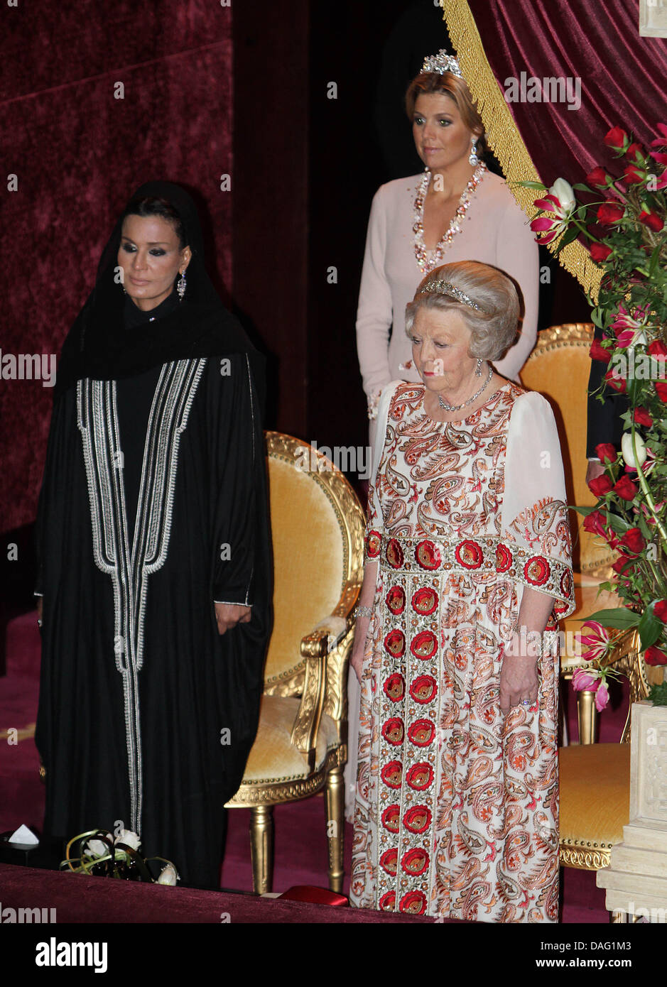 (L to R:) Sheikha Mozah, Princess Maxima and Queen Beatrix attend a ...
