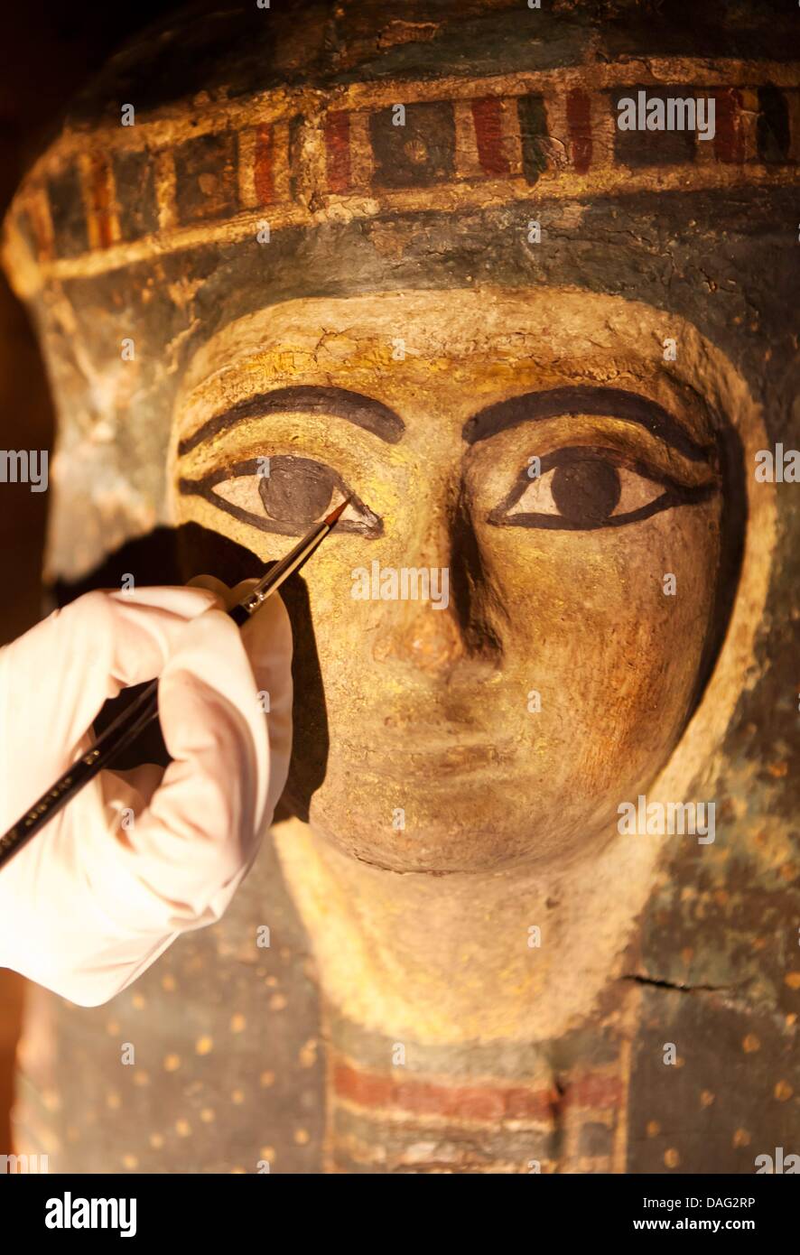 The sarcophagus of an Egyptian mummy dated 945-800 BC is restored in ...