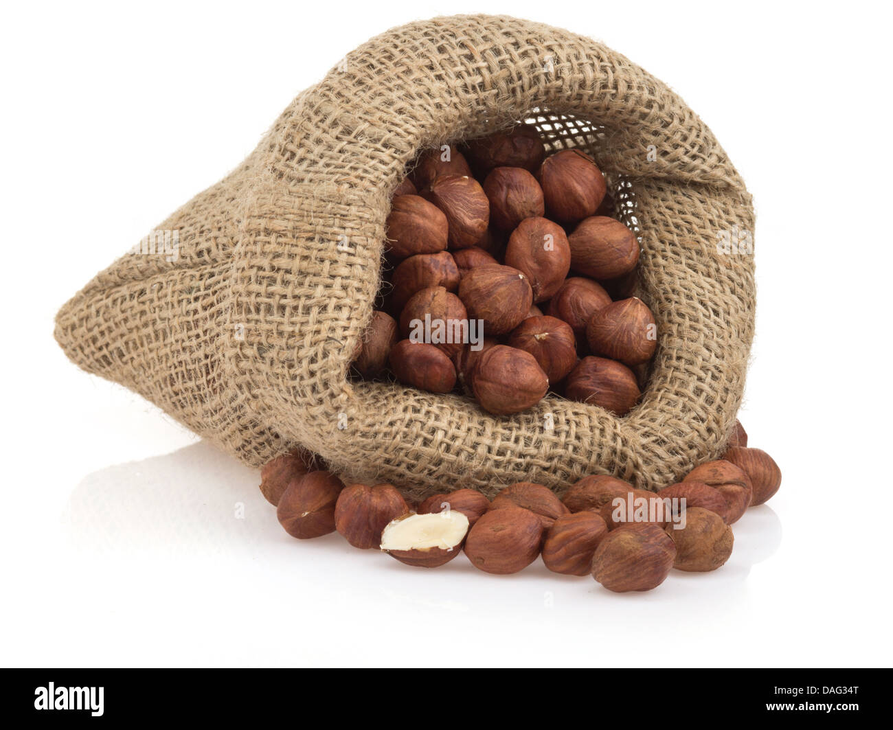nuts hazelnut in sack bag isolated on white background Stock Photo - Alamy