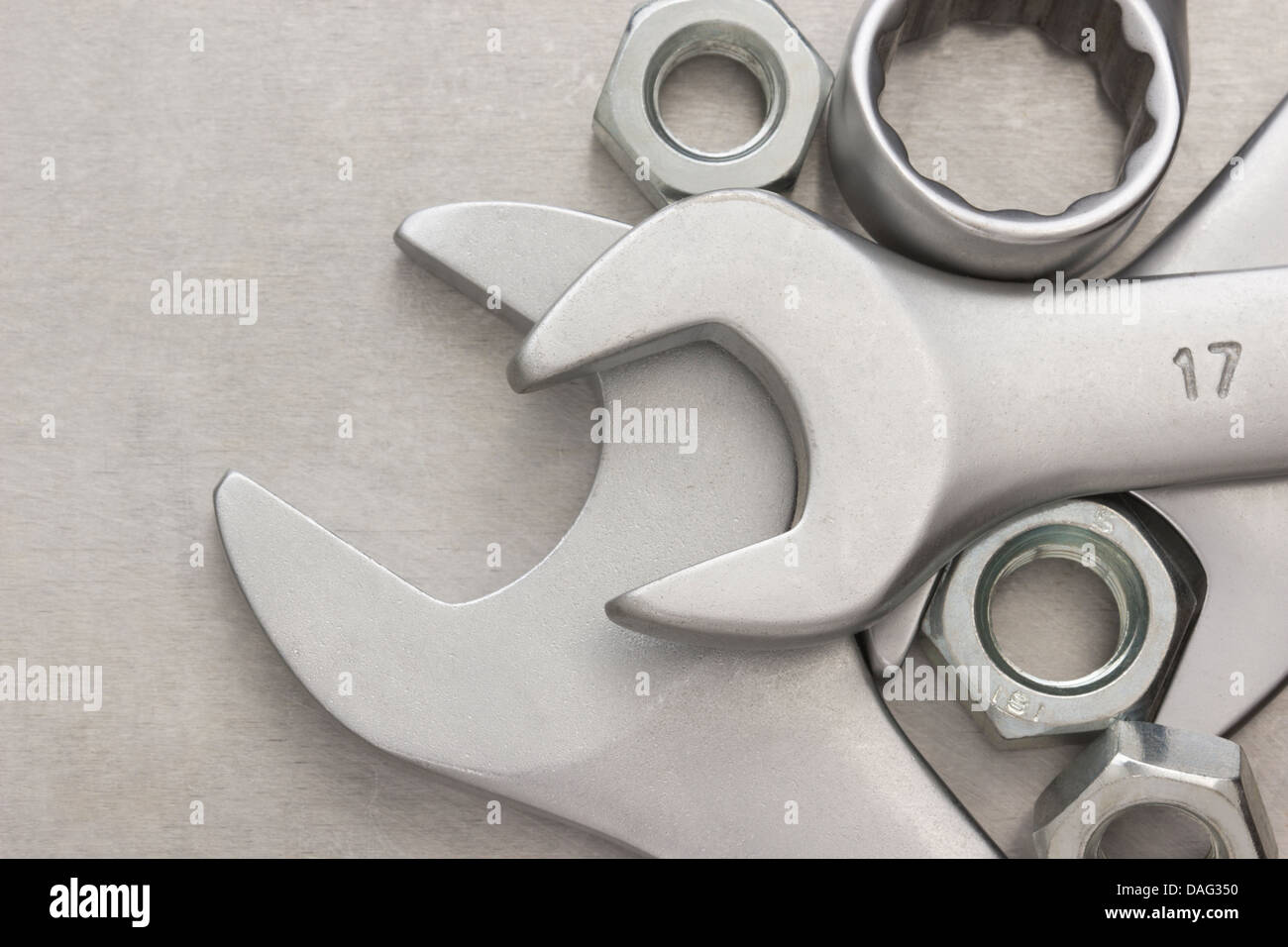 wrench tool and nut at metal background Stock Photo - Alamy