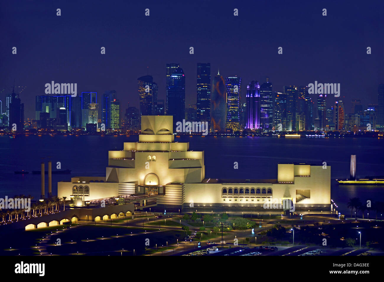 nightly panoramic view over the main city with the Doha Museum of ...