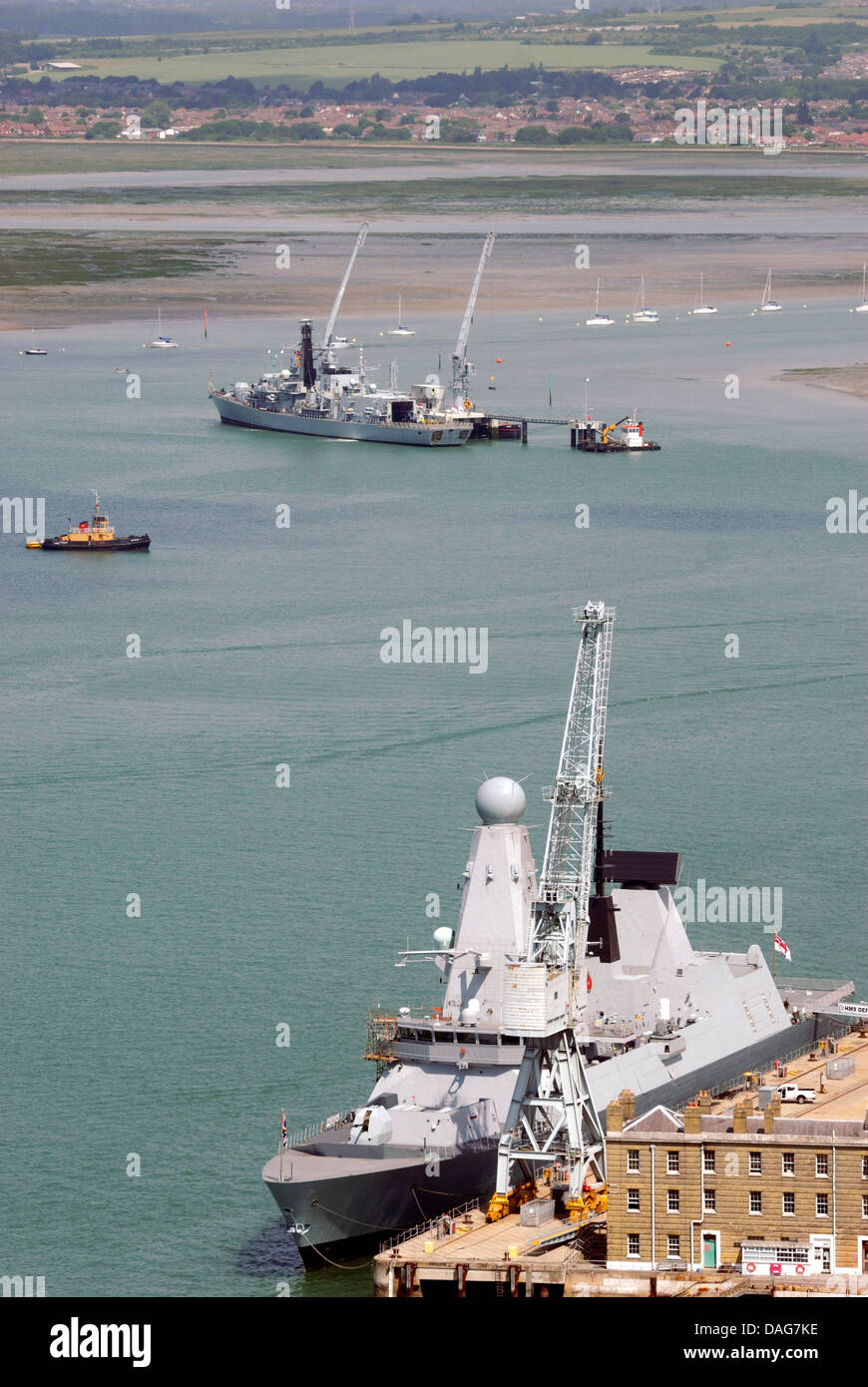 An aerial view of the Royal Navy base at Portsmouth Harbour, England ...