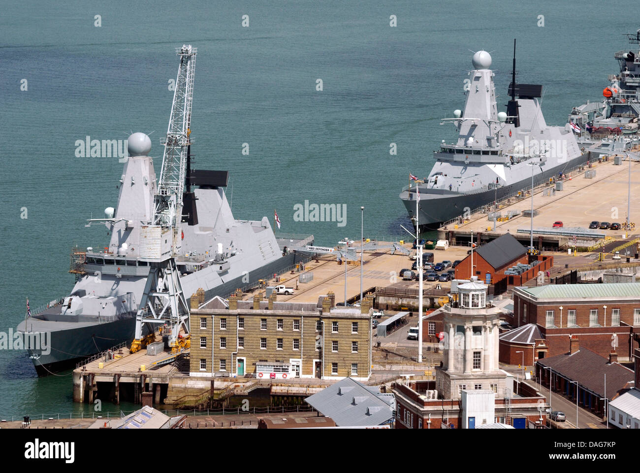 An aerial view of the Royal Navy base at Portsmouth Harbour, England ...