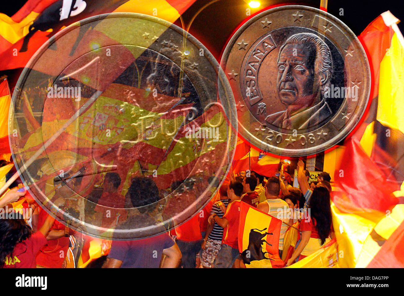 Spanish crowds with flags and with Euro coins superimposed, Spain Stock ...
