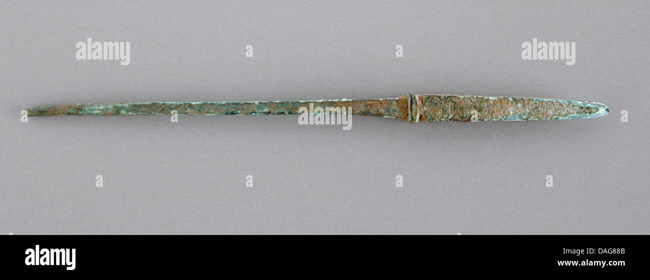 This set of seven spear points, crafted from metal, represents ancient ...