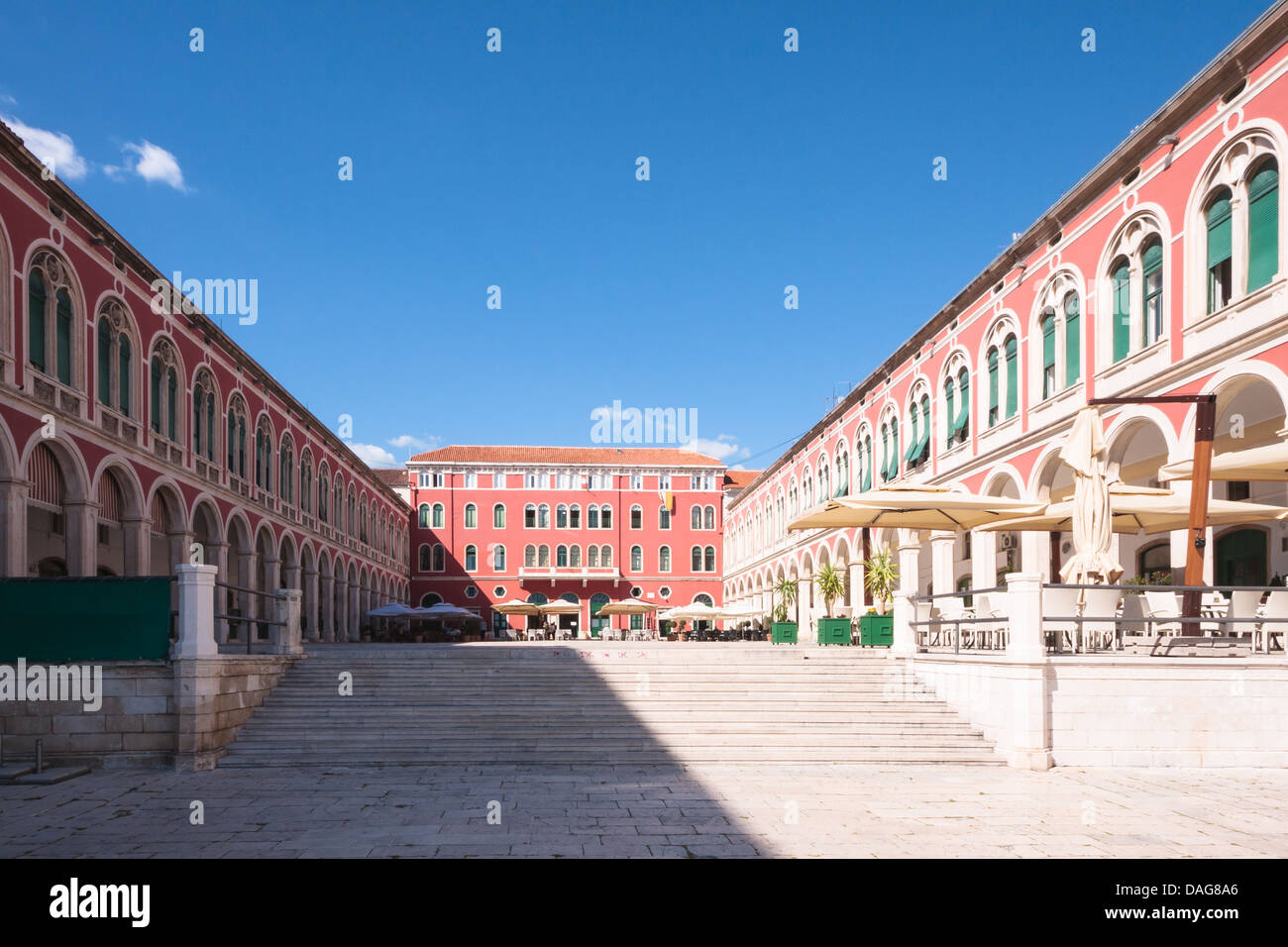 View of the Republic Square (Trg Republike) in Split Croatia as the sun ...