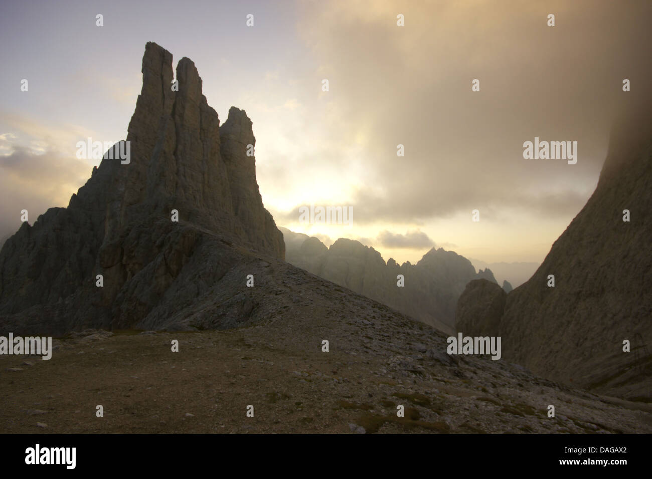 view from Rifugio Re Alberto to Vajolet Towers in morning light, Italy ...