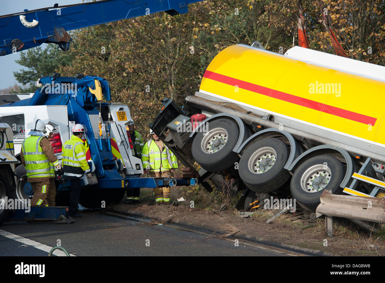 HGV Petrol Tanker Crashed overturned motorway Hazmat Stock Photo - Alamy