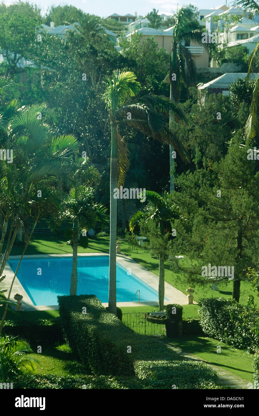Birds-eye view of outdoor swimming pool set in tropical garden with ...