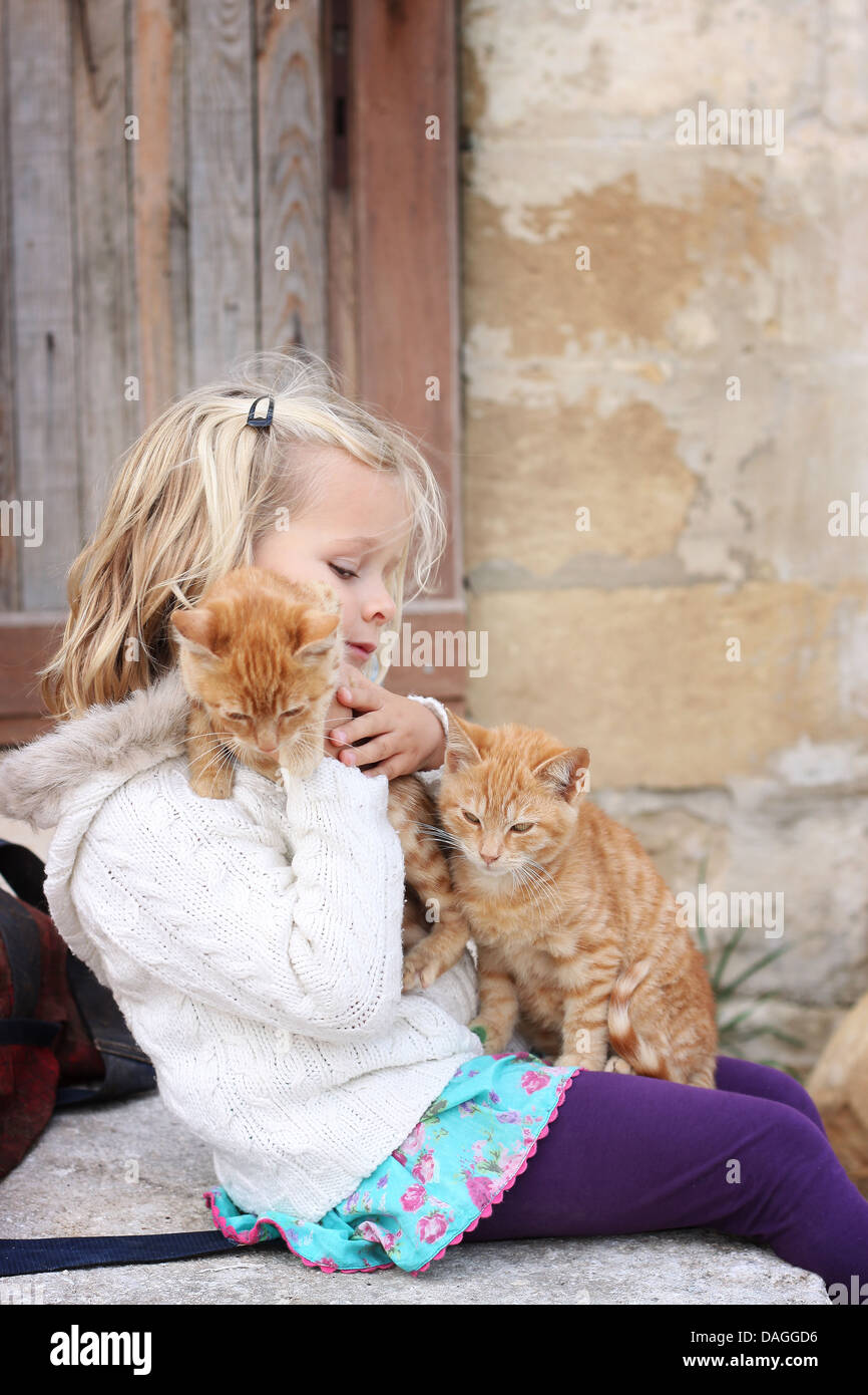 6 year old child holding two ginger cats Stock Photo - Alamy