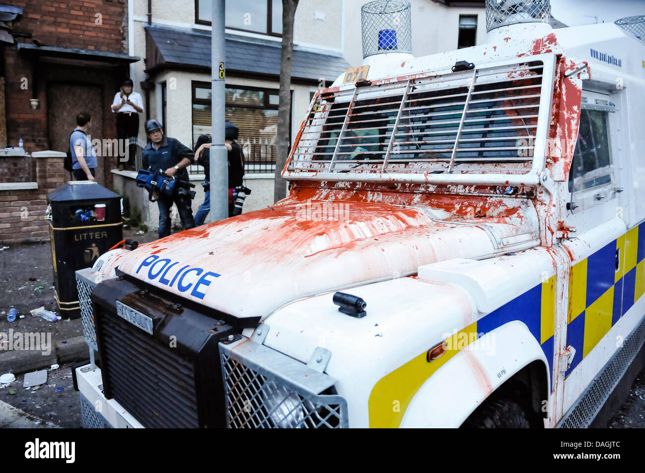 Belfast, Northern Ireland, 12th July 2013 - A PSNI Landrover has paint ...