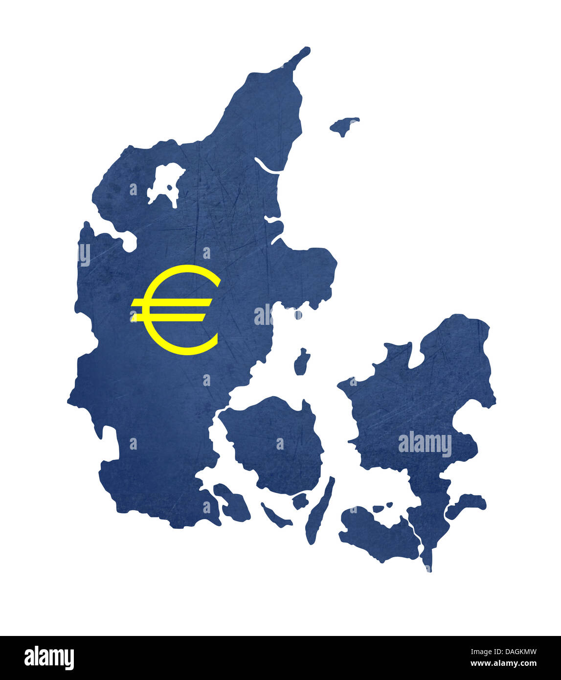 European currency symbol on map of Denmark isolated on white background ...