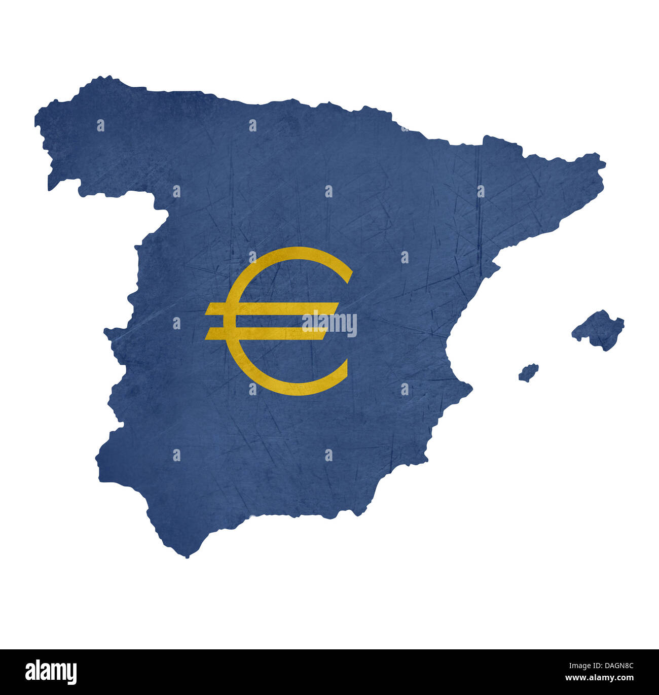 European currency symbol on map of Spain isolated on white background ...