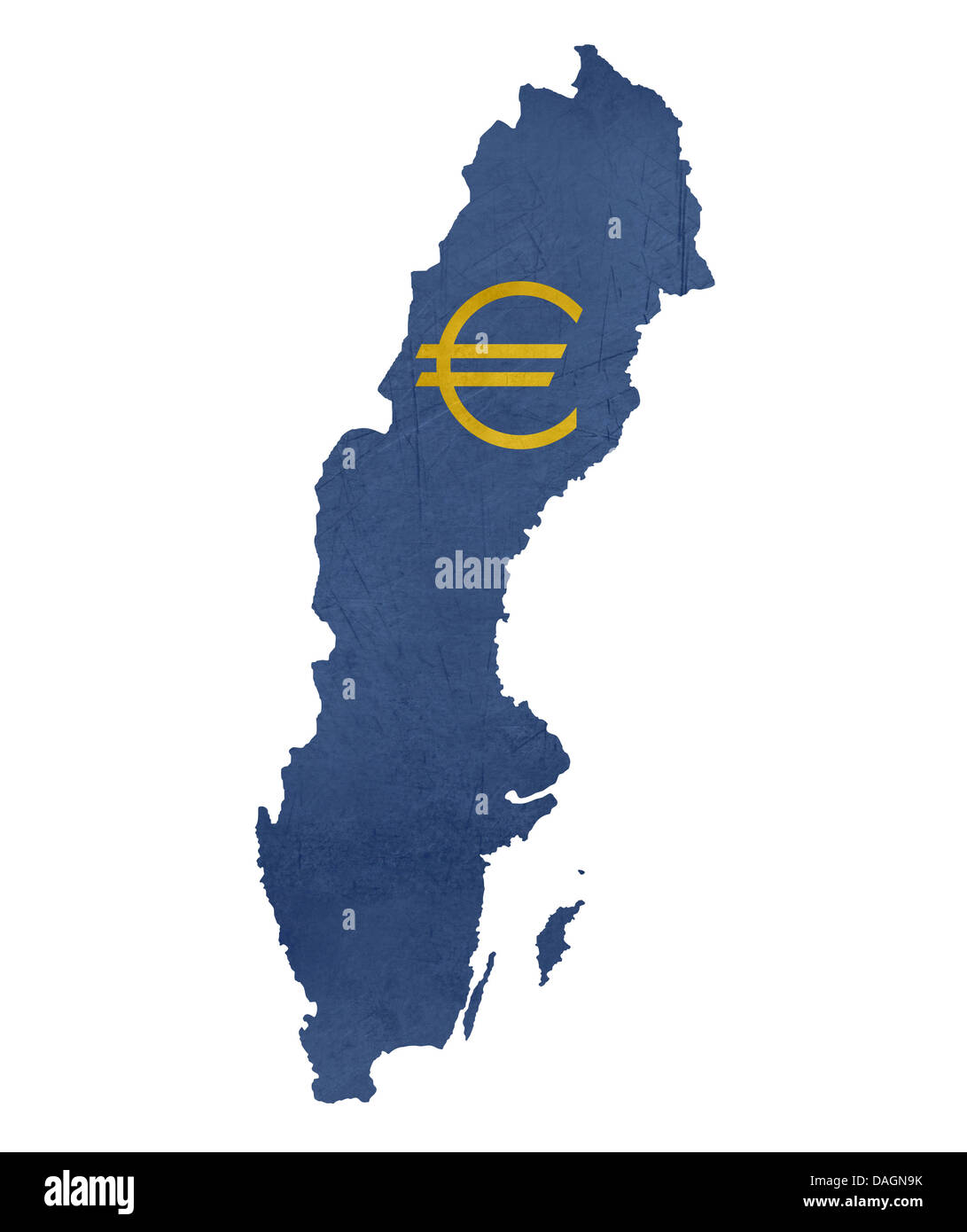 European currency symbol on map of Sweden isolated on white background ...