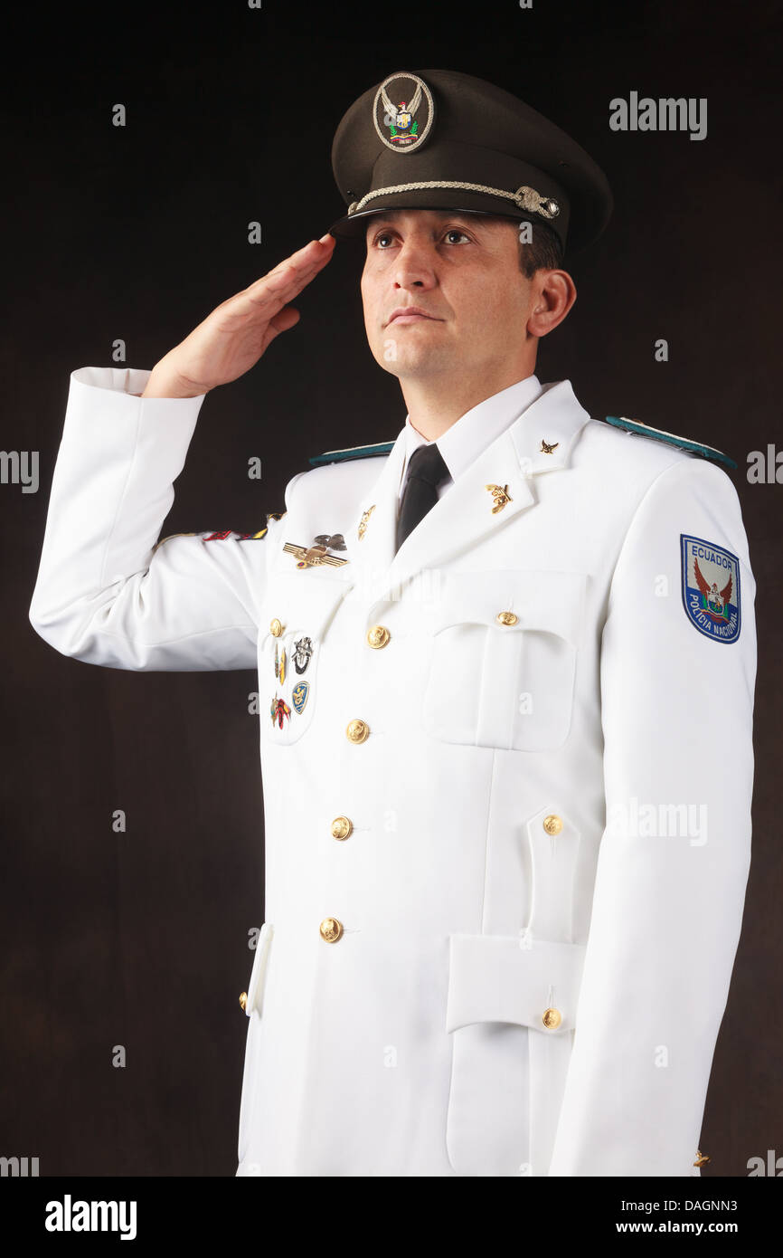 Ecuadorian Police Official Dressed Up In Formal Uniform Saluting Studio ...