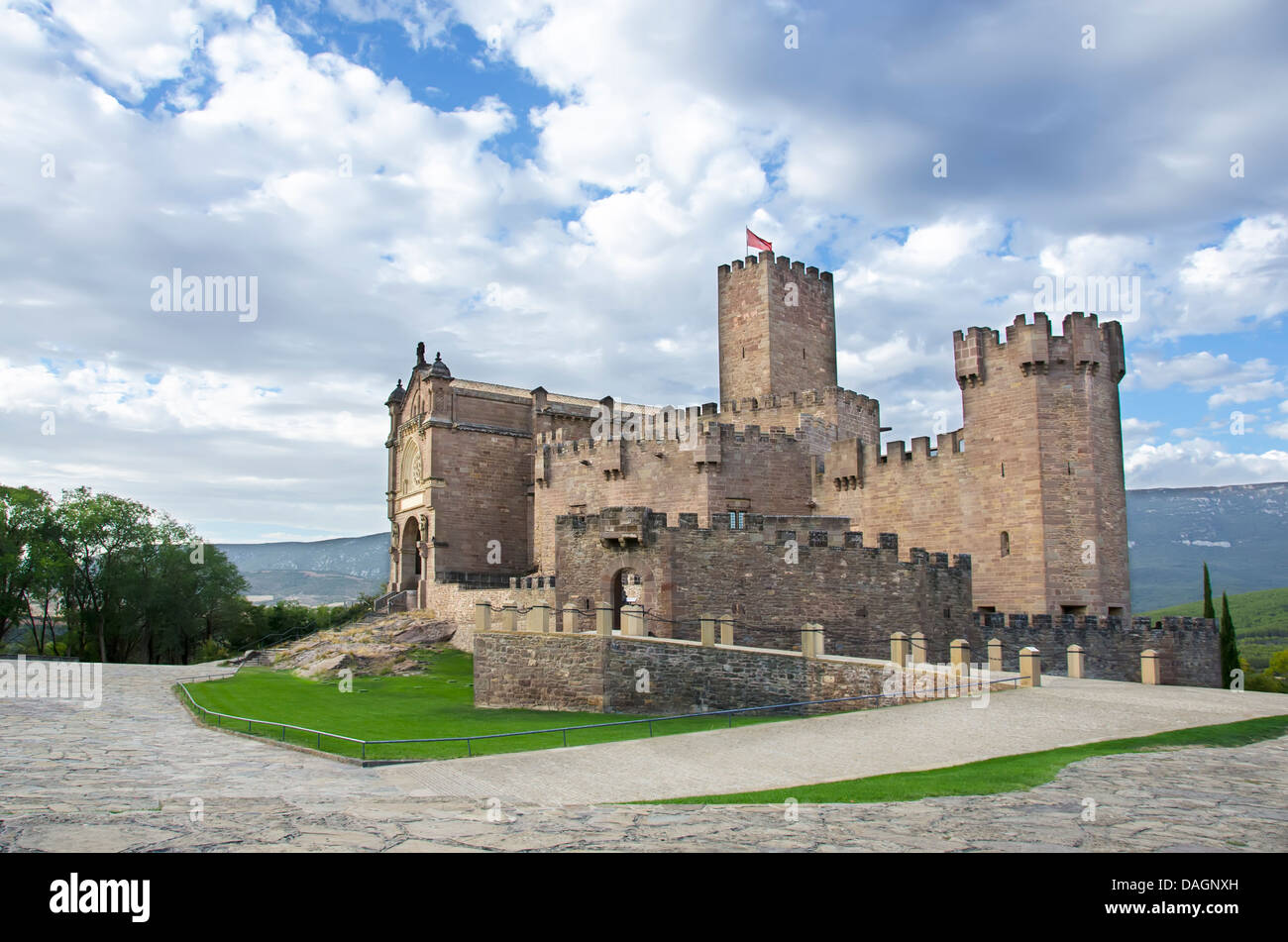 Javier Castle in perspective with a sky of clouds in Navarra, Spain ...