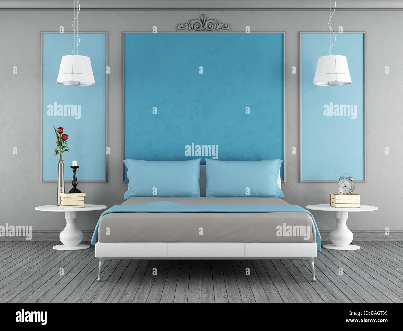 Blue and gray vintage bedroom with contemporary blue double bed ...