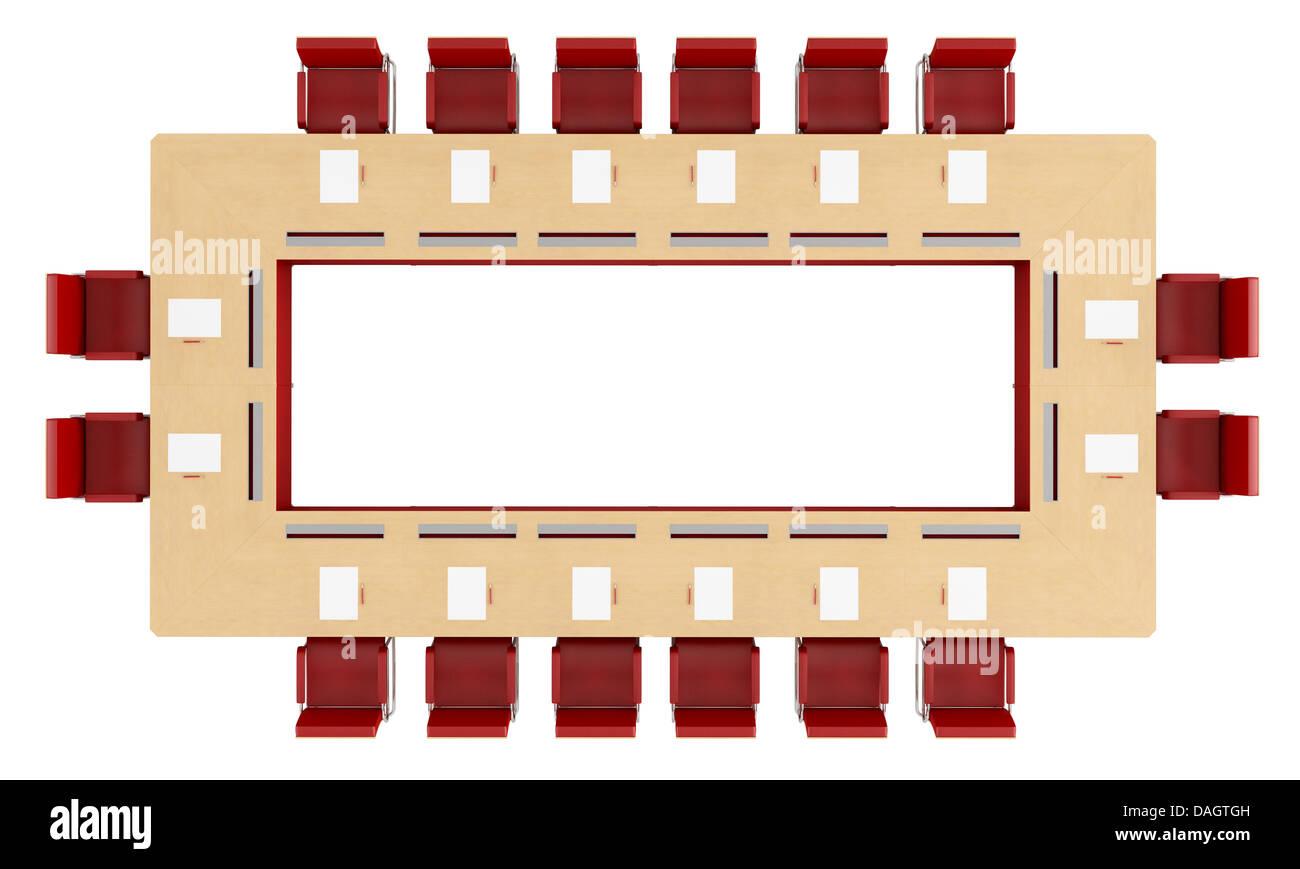 Top view of a wood meeting table with red chair isolated on white ...