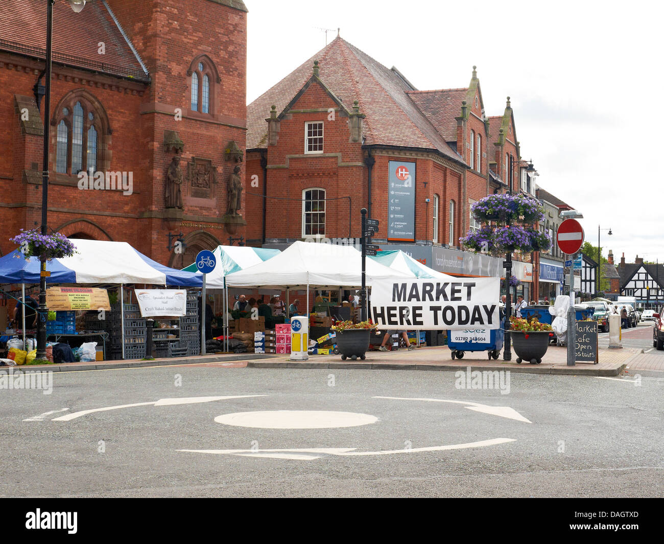 Banner saying "Market here today" in Sandbach town centre, Cheshire UK ...