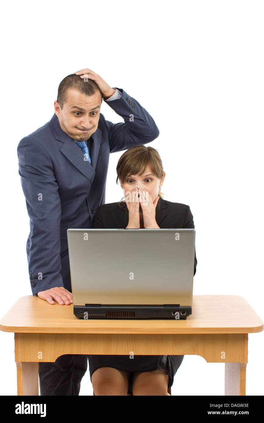 two business people having problems at work isolated on a white ...